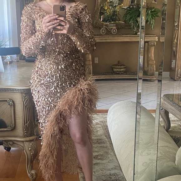 Mac Duggal | Dresses | Custom Made Gold Sequin Feather Ruffle Midi Maxi ...